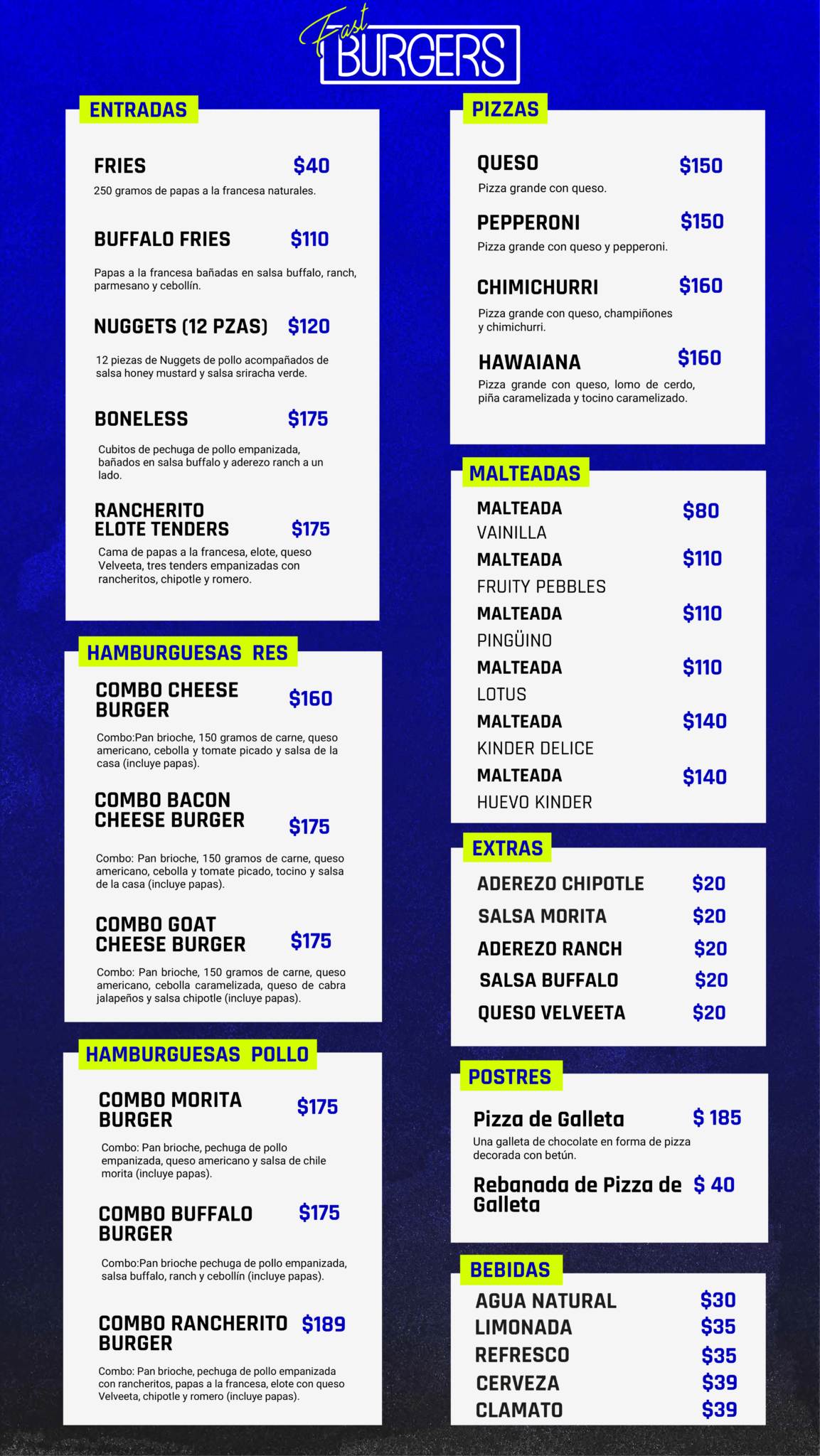 Menú Fast Burgers (Plaza Áuriga) – Burgers MX